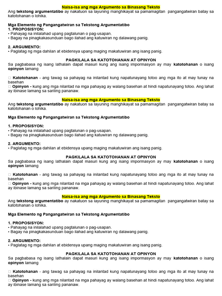 Naisa-Isa Ang Mga Argumento Sa Binasang Teksto | PDF