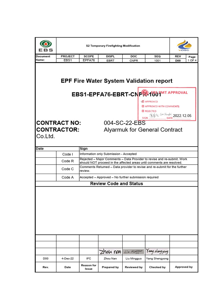 1.EBS1-EPFA76-EBRT-CNPR-1001-D00 EPF Fire Water System Validation Report | PDF | Water | Oil