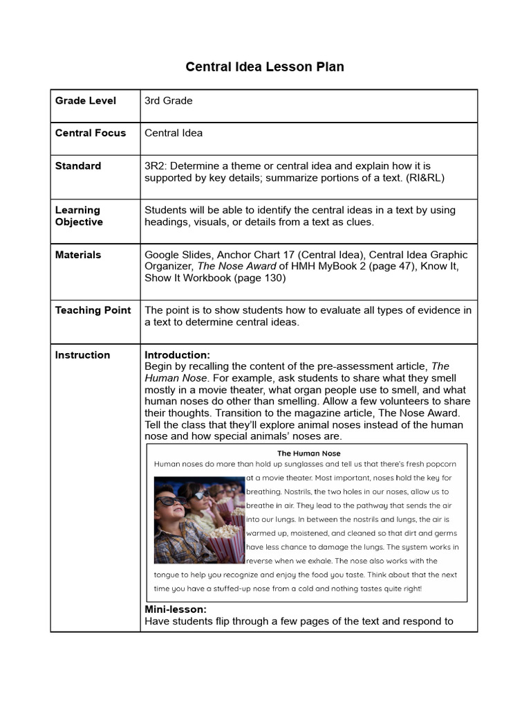 Central Idea Lesson Plan | PDF | Lesson Plan | Reading Comprehension