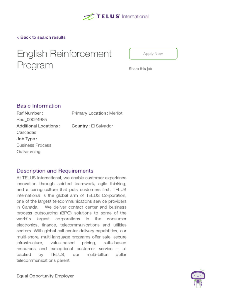 TELUS-English Reinforcement Program | PDF