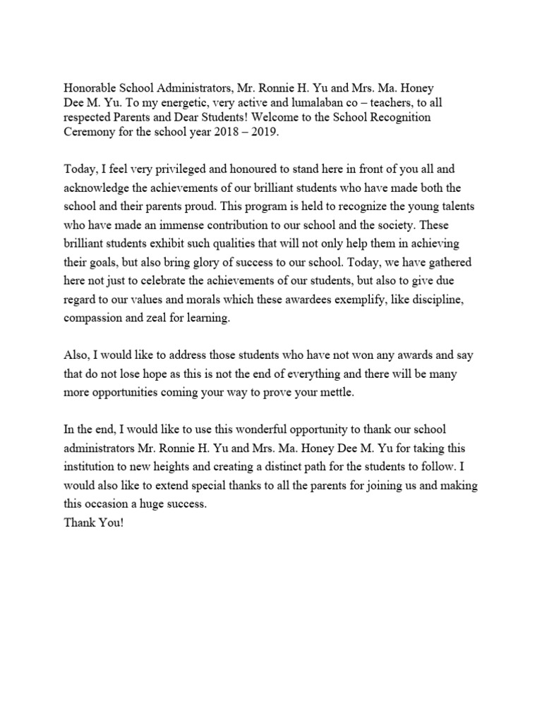 Opening Remarks For Recognition Day For Students | PDF