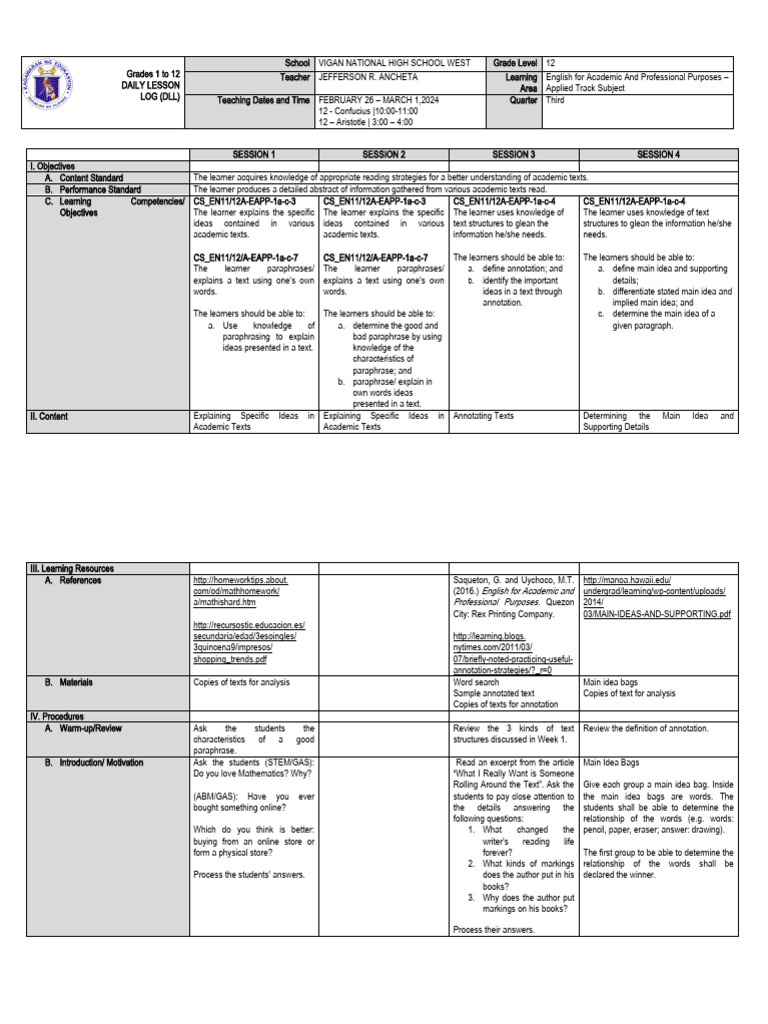 PRINT EAPP Q3 Week 4 | PDF | Learning | Annotation