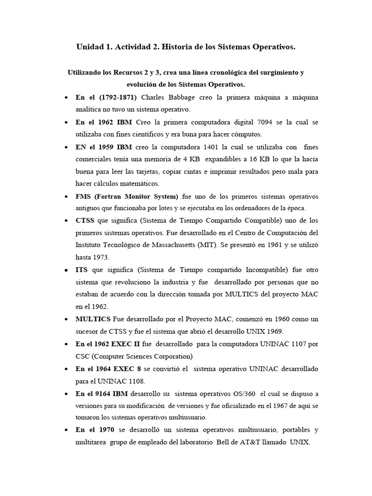 Angel Calderon Ramirez Unidad 1 Actividad 2 Historia de Los Sistemas Operativos. | PDF ...