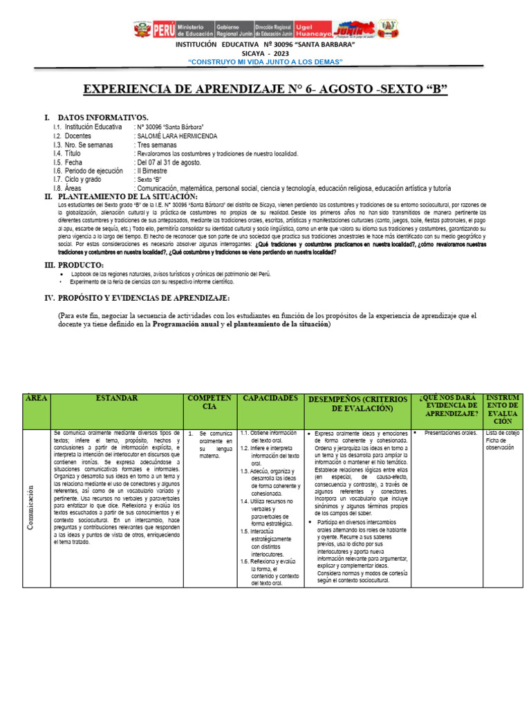 Sexto B - Experiencia de Aprendizaje de Agosto-06 de Agosto de 2023 | PDF | Números | División ...