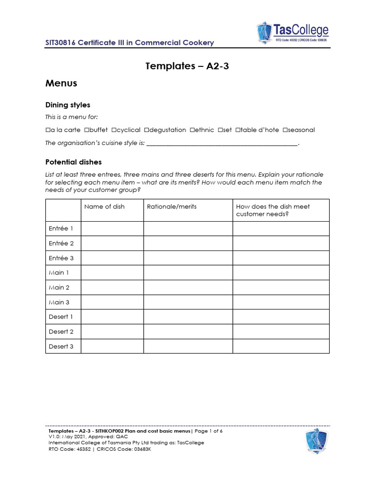 SITHKOP002 V1.0 Templates A2-3.v1.0 | PDF | Menu | Entrée