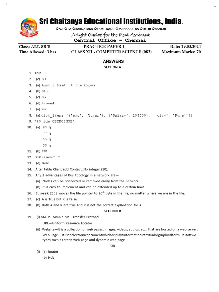 29 03 2024 ALL SR Computer Sciences XII PRACTICE TEST 1 ANSWERS | PDF ...