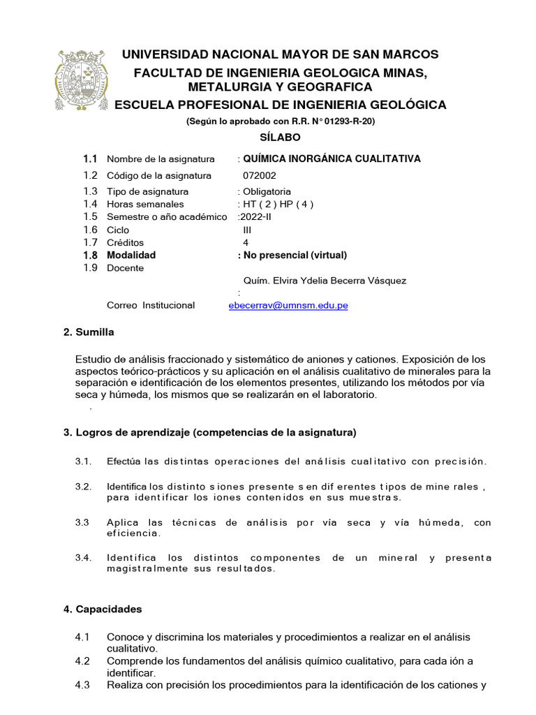 Silabo Curso Qu - Mica Inorg - Nica Cualitativa 2022 Ii | PDF | Salón de clases | Laboratorios