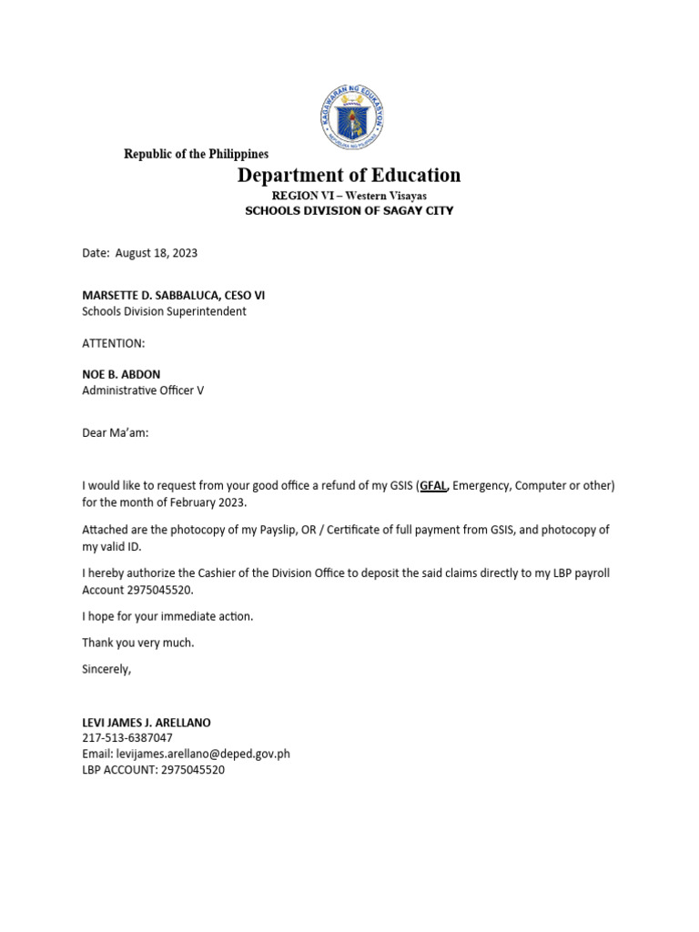 Letter Request For Gsis Refund Template | PDF