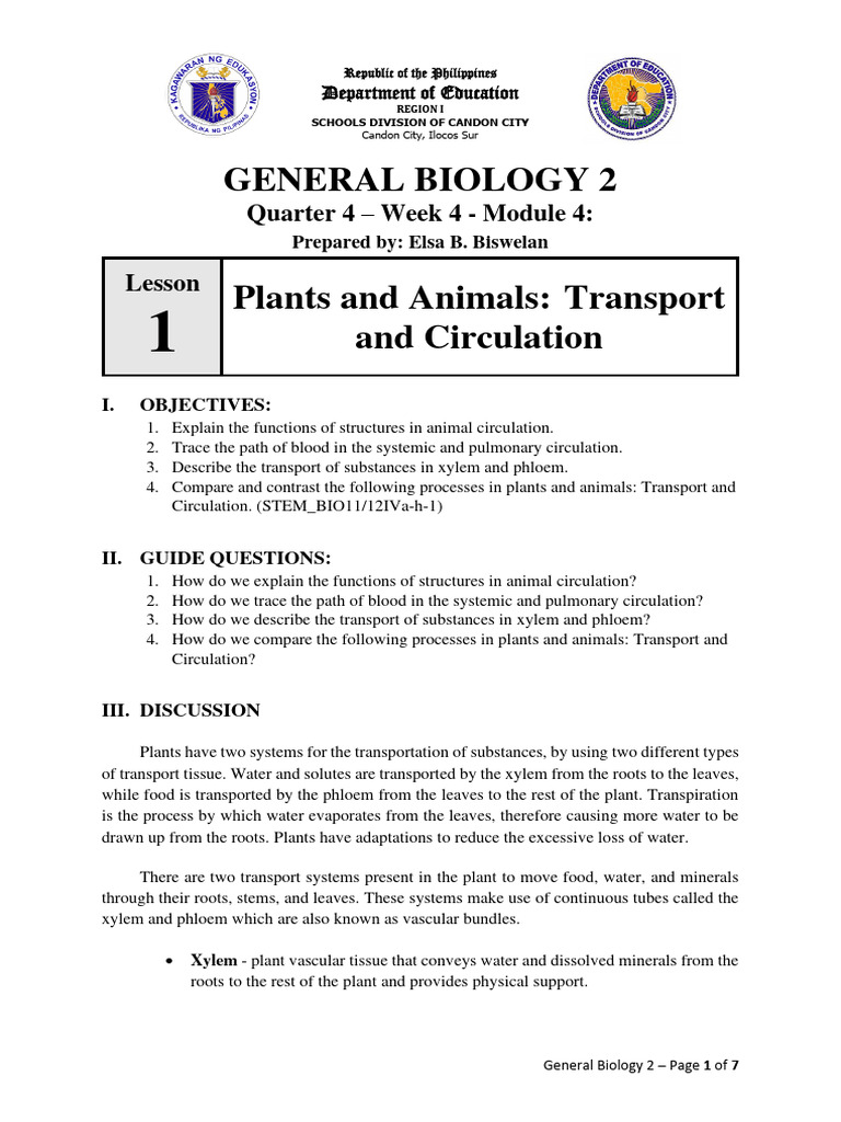 General Biology - Q4 - W4 - M4 - LDS - Plants-and-Animals-Transport-and ...