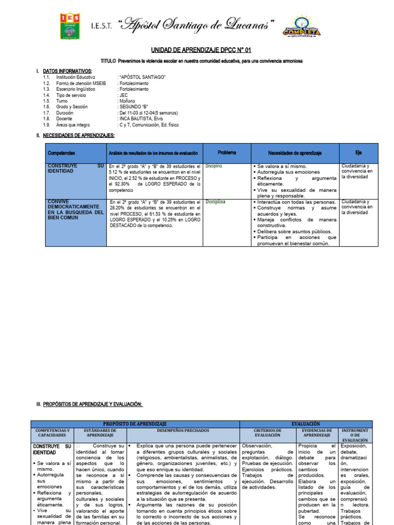 Unidad de Aprendizaje 01-Dpcc-N° 01 2024 - Lucanas | PDF | Evaluación | Aprendizaje