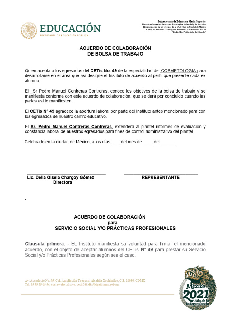 Formato Convenio Cetis 49 | PDF