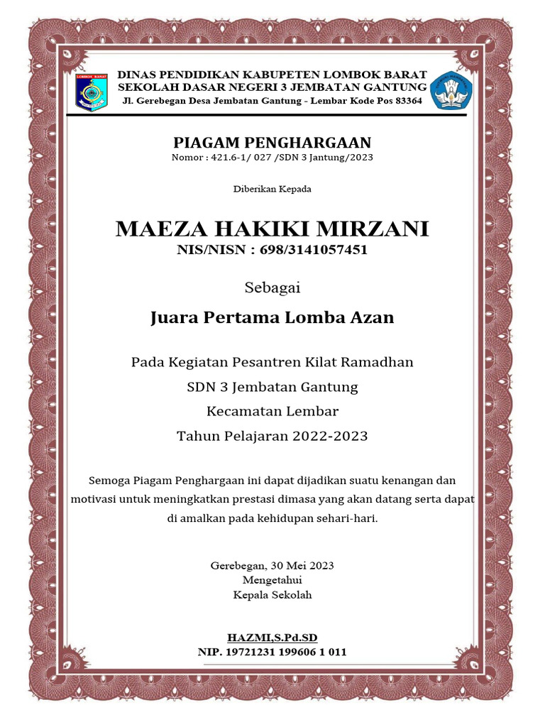 Piagam Penghargaan Lomba Ramadhan | PDF