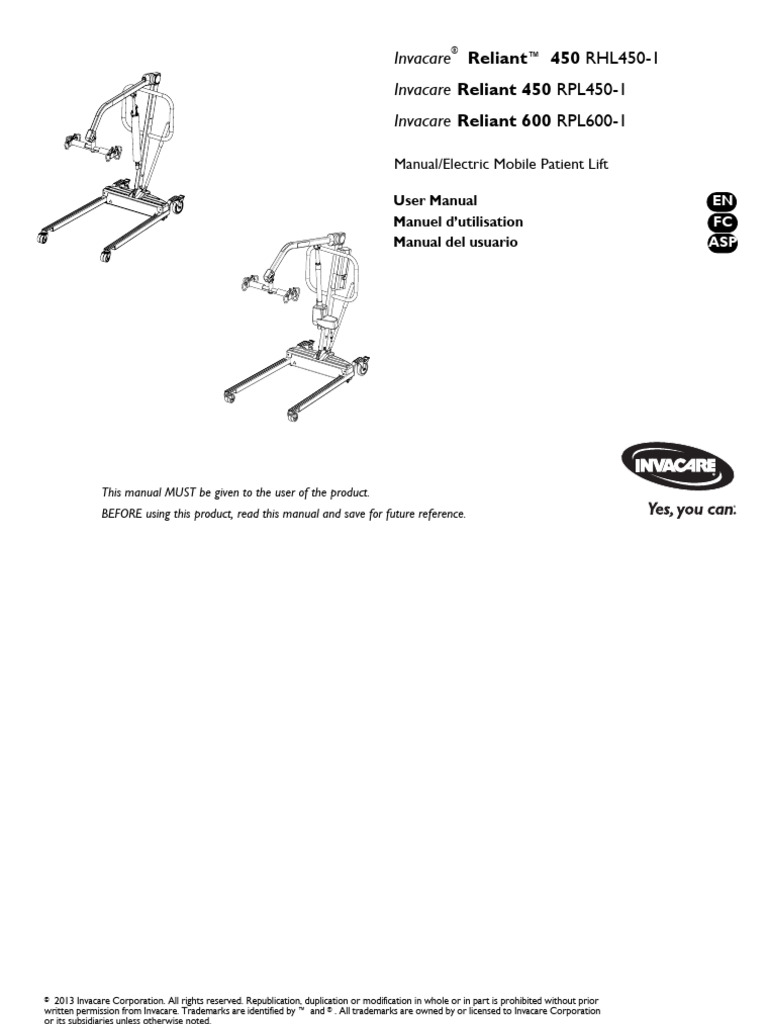 Invacare Reliant Plus 450 Power Patient Lift Manual | PDF | Wheelchair ...