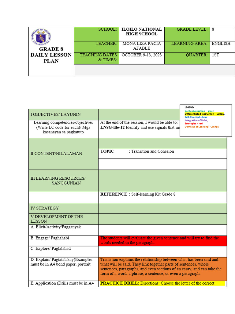 Q1 W5 Formated Lesson Plan Grade8 | PDF | Learning | Teaching