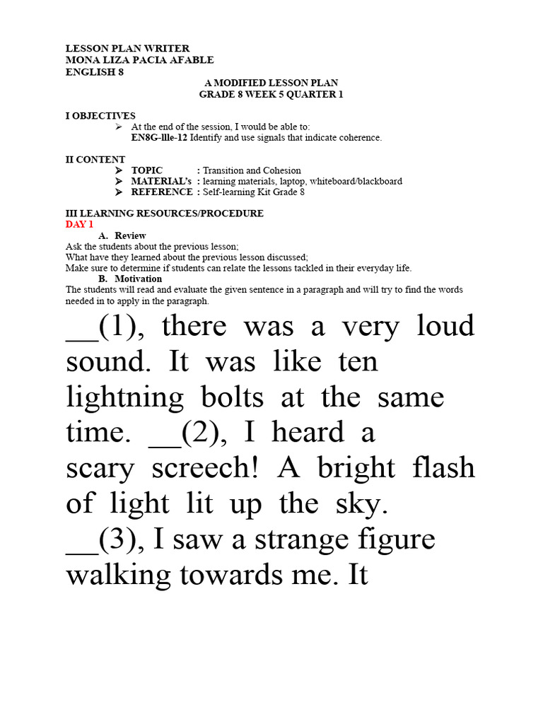 Lesson Plan Grade8 W5Q1 | PDF