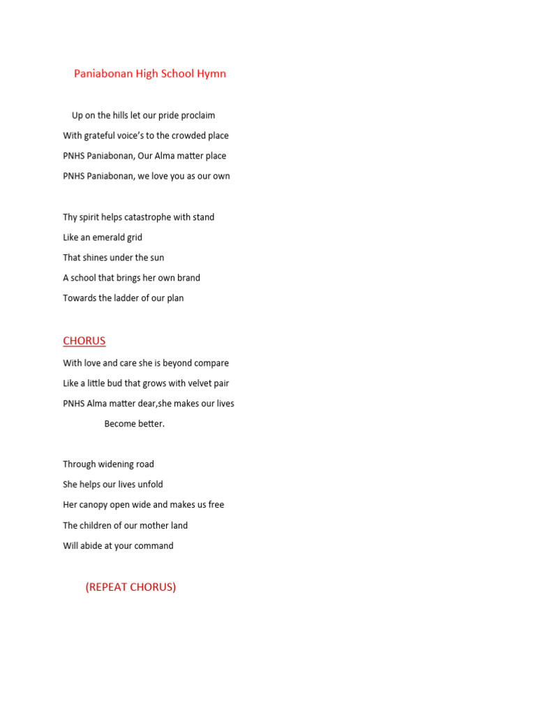Paniabonan High School Hymn Lyrics | PDF