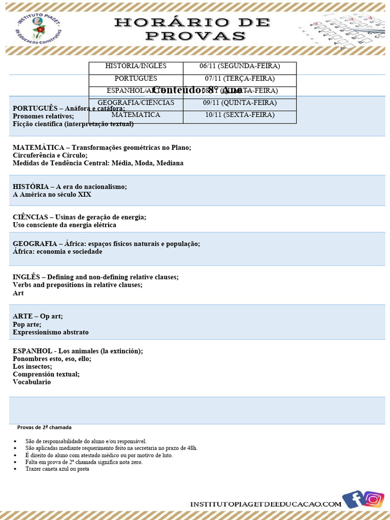 Conteúdos e Provas do 8º Ano | PDF