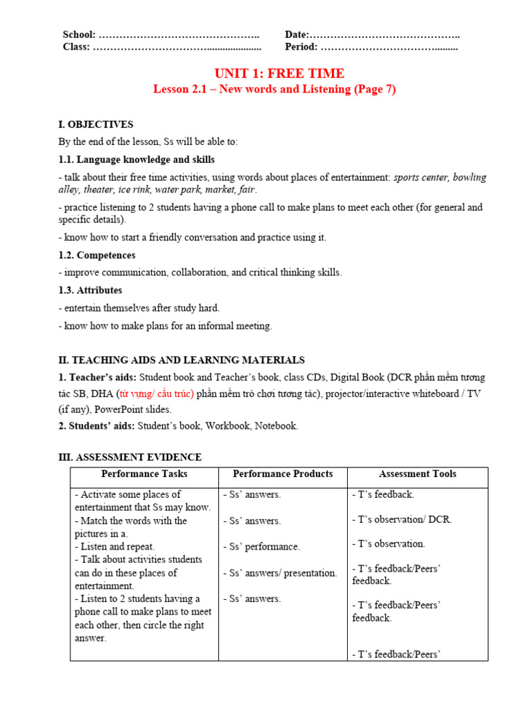 Free Time Activities Lesson Plan | PDF | Vocabulary | Cognitive Science