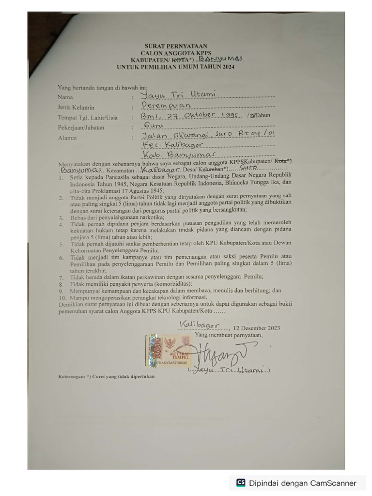 Surat Pernyataan Kpps | PDF