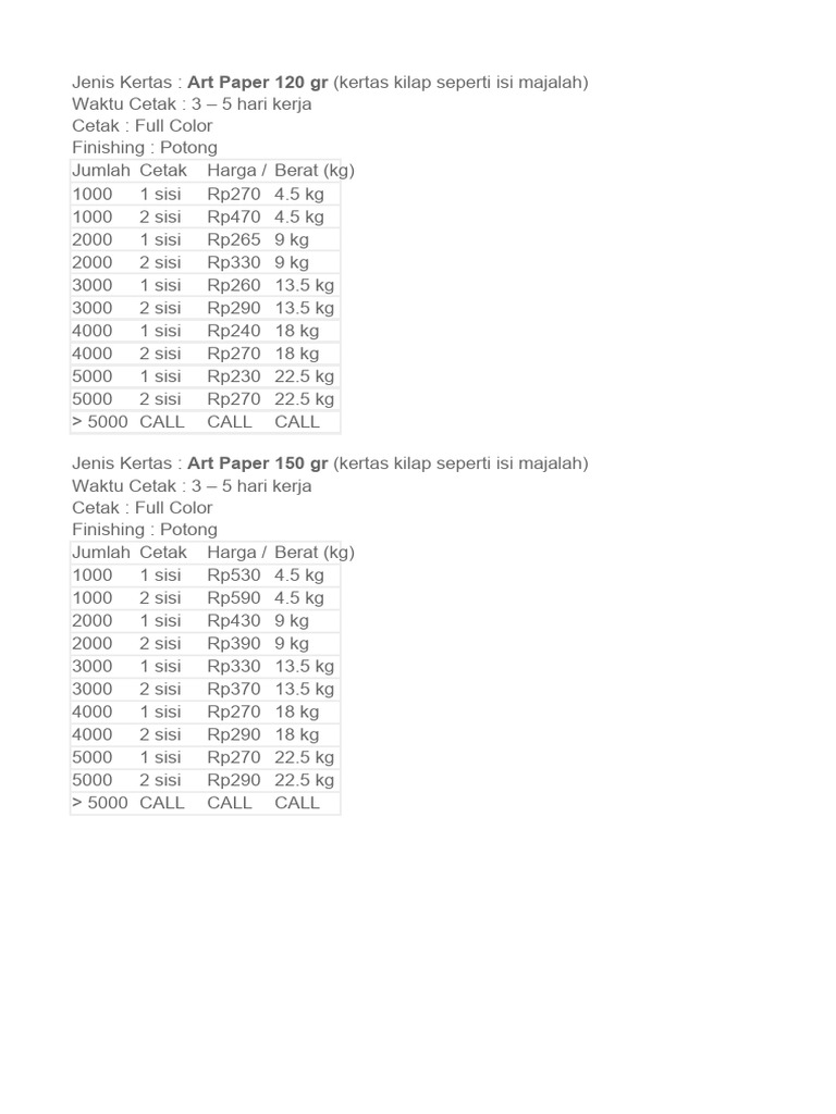 Harga Kertas Leaflet Art Paper 120/150gr | PDF
