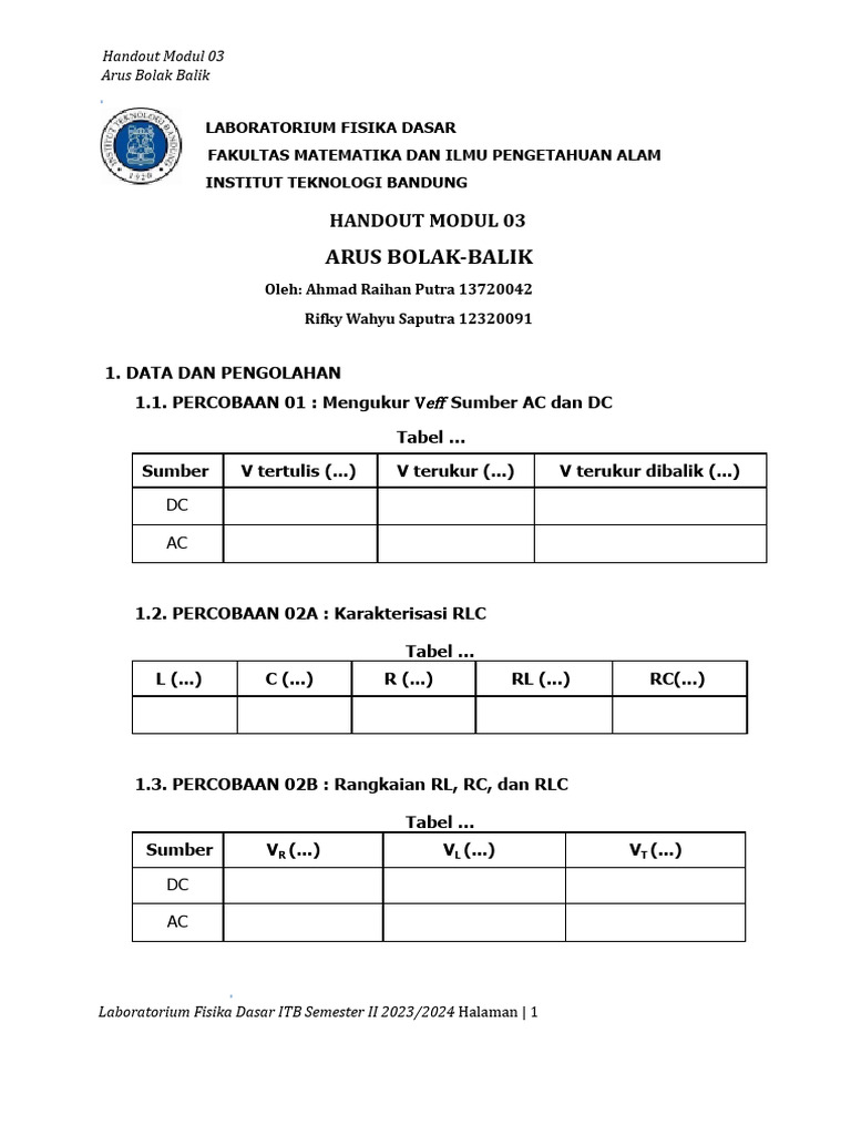 Handout Praktikan Modul 03 - Arus Bolak Balik | PDF