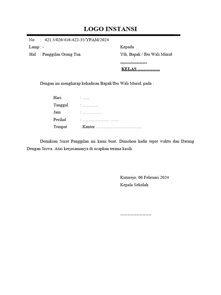 Contoh Surat Panggilan Orang Tua Siswa Bermasalah | PDF Contoh Surat Panggilan Orang Tua Siswa Bermasalah | PDF