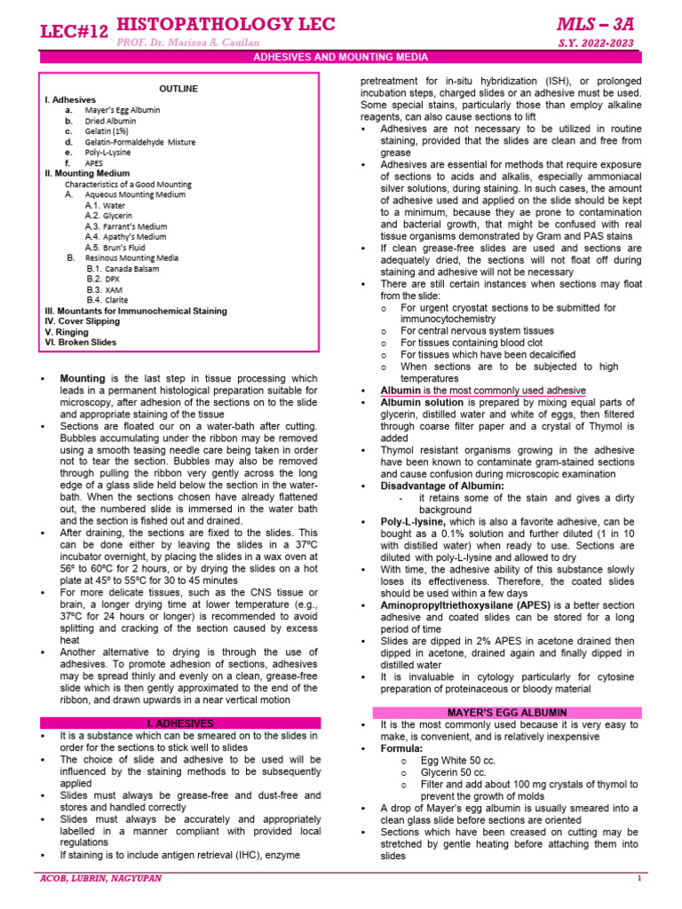 Lec#12-Adhesives and Mounting Media | PDF | Staining | Histology