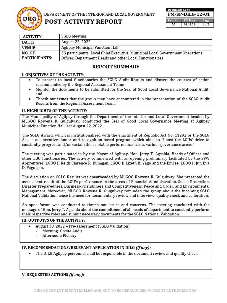 SGLG Meeting Post-Activity Report | PDF | Government