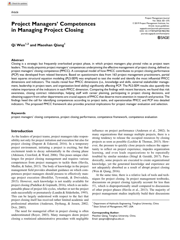 Wen Qiang 2019 Project Managers Competences in Managing Project Closing ...