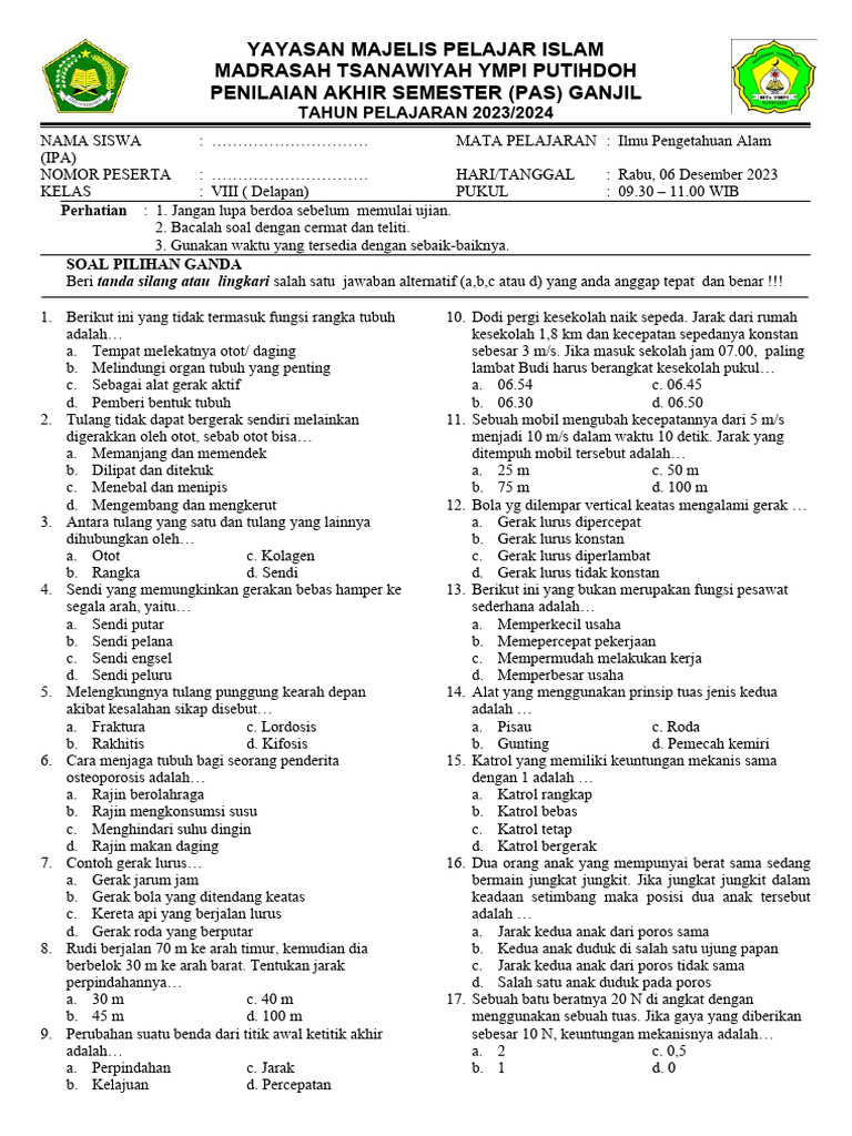 Soal Pas Kelas 8 Ipa Semester Gajil 2022-2023 | PDF
