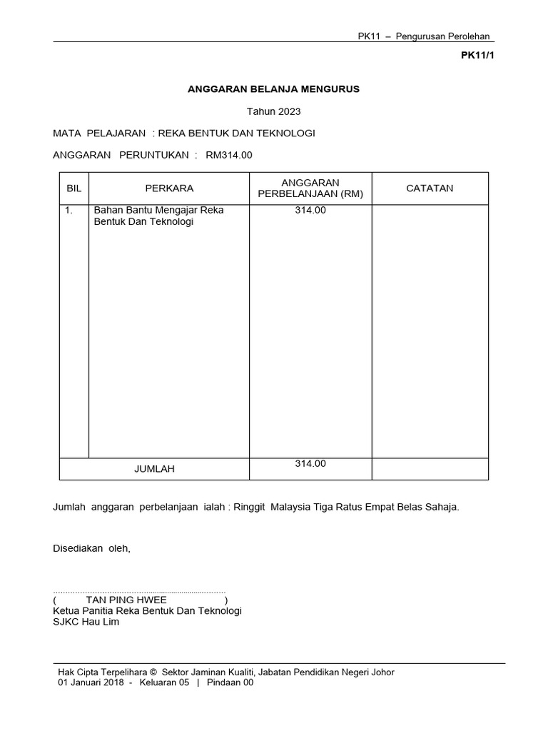 2023 RBT PK11 1 Anggaran Perbelanjaan | PDF