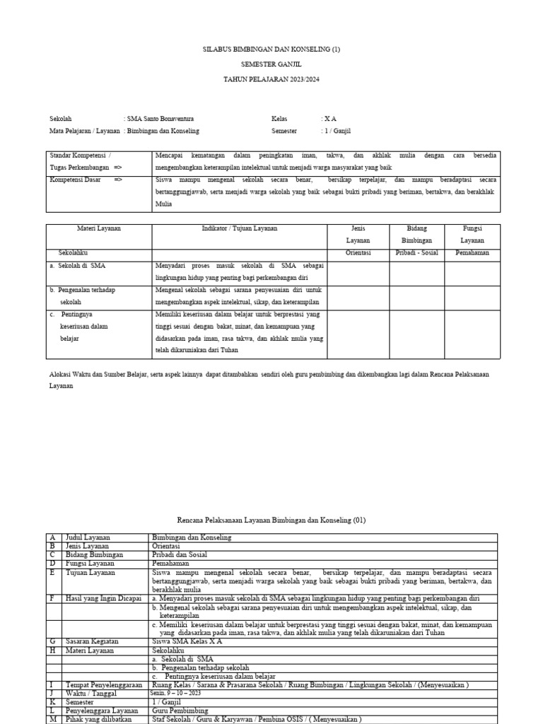 Rencana Pemberian Layanan BK 2023-2024 | PDF