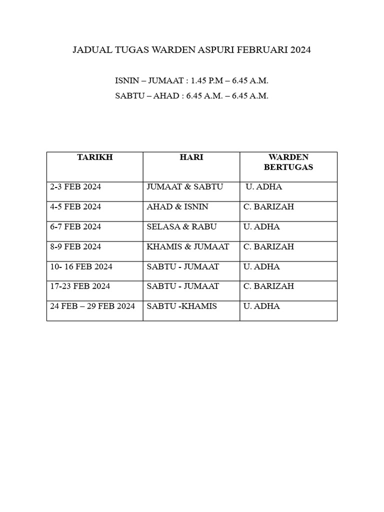Jadual Tugas Warden Aspuri Februari 2024 | PDF