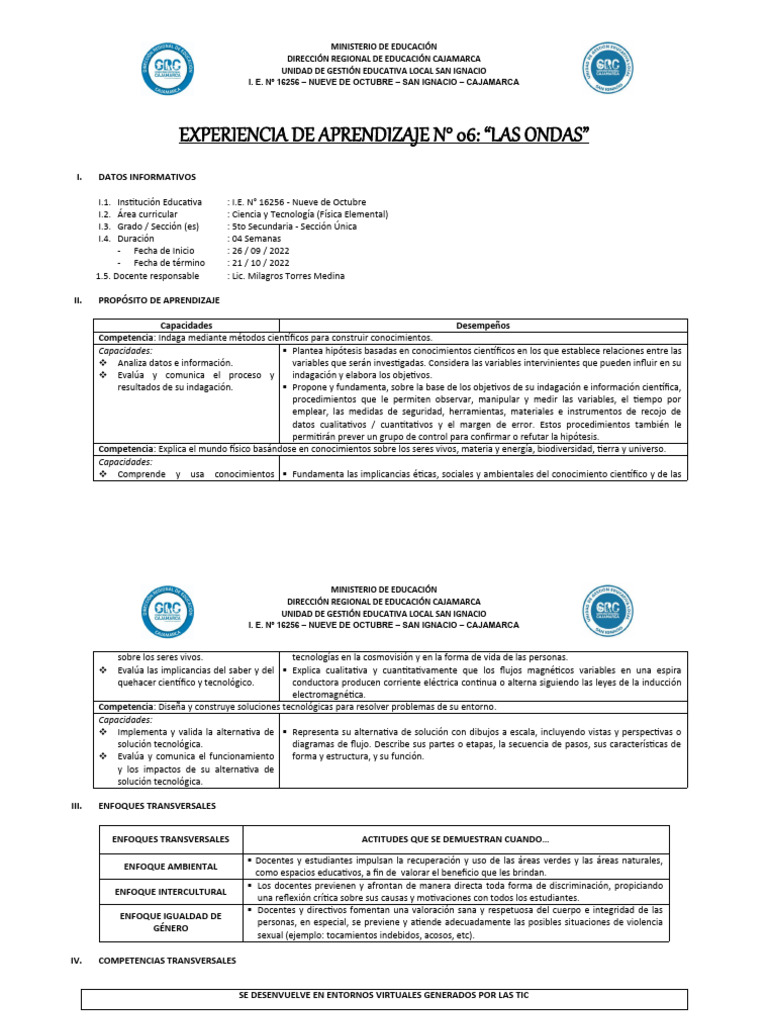 NO2023 - EXPERIENCIA DE APRENDIZAJE #06 - C y T - 5TO SEC. | PDF | Aprendizaje | Evaluación