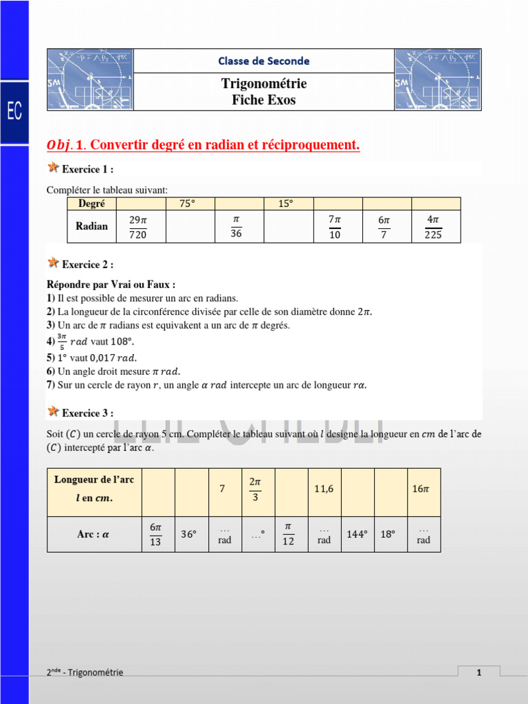 Trigonométrie en Seconde : Exercices et Cours | PDF | Cercle | Angle