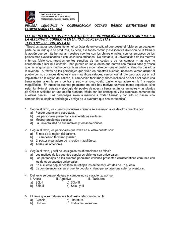 Prueba de Comprensión Lectora 8° Básico | PDF | Ciencias de la Tierra