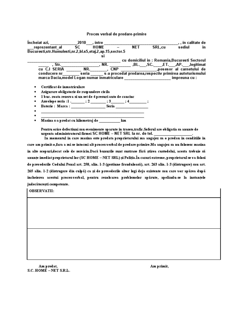 Proces Verbal de Predare-primire