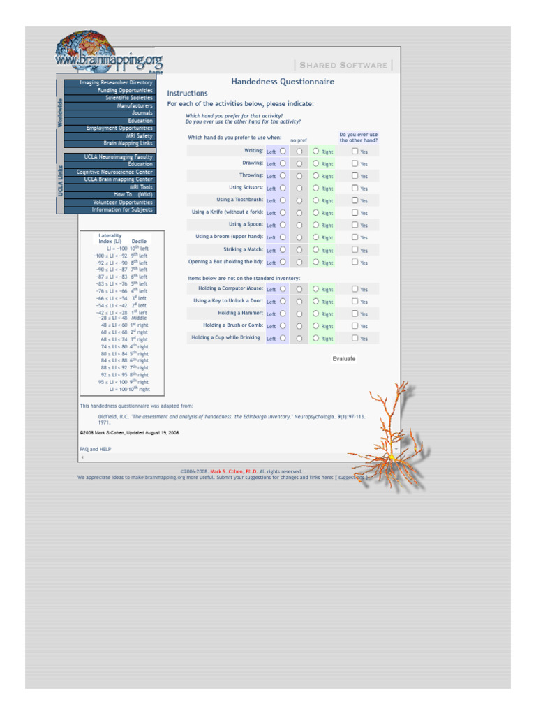 Handedness Questionnaire | PDF | Behavioural Sciences | Cognitive Science