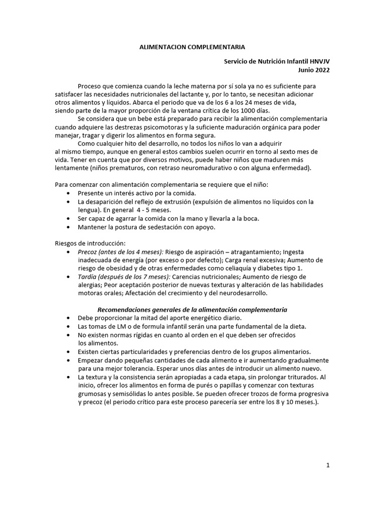 ALIMENTACION COMPLEMENTARIA (Resumen) | PDF | Alimentos | Amamantamiento