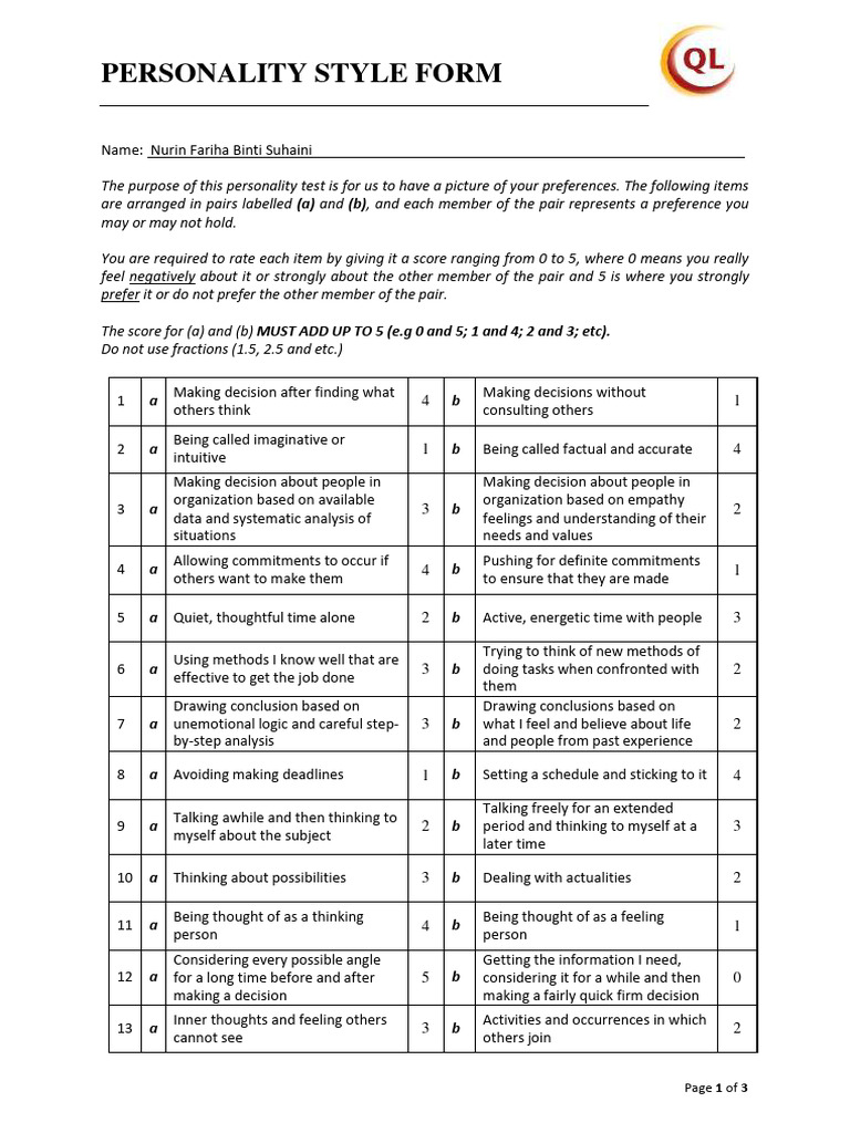 Personality Style Form | PDF | Thought | Feeling