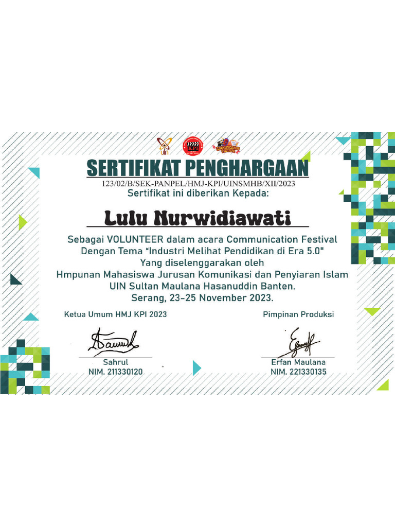 Sertifikat Volunteers - Lulu Nurwidiawati | PDF