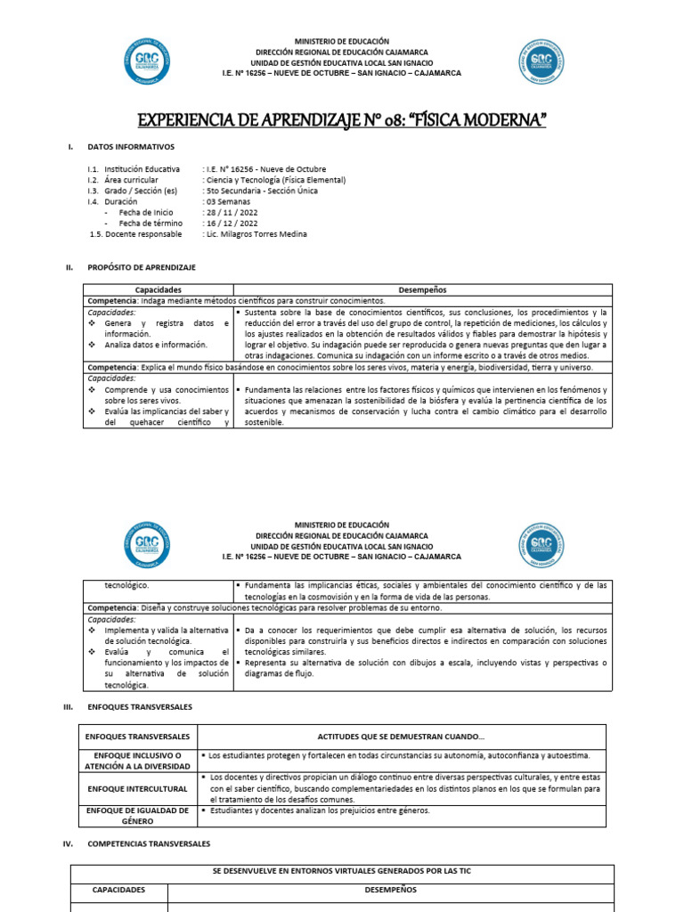 NO2023 - EXPERIENCIA DE APRENDIZAJE #08 - C y T - 5TO SEC. | PDF | Aprendizaje | Evaluación