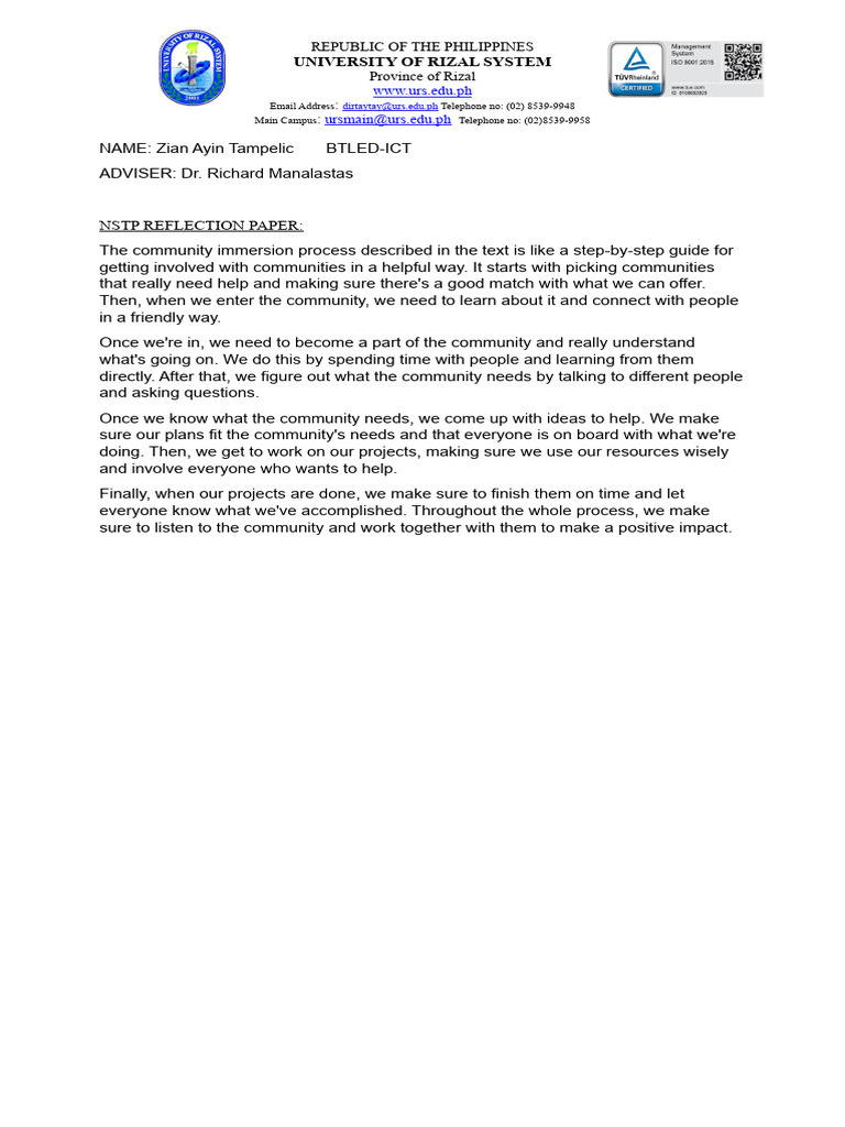 Tampelic Sts and NSTP Reacrion Paper | PDF