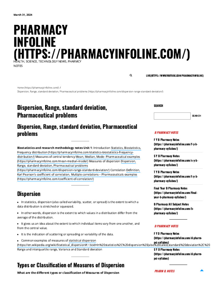 Dispersion, Range, Standard Deviation, Pharmaceutical Problems | PDF | Statistical Dispersion ...