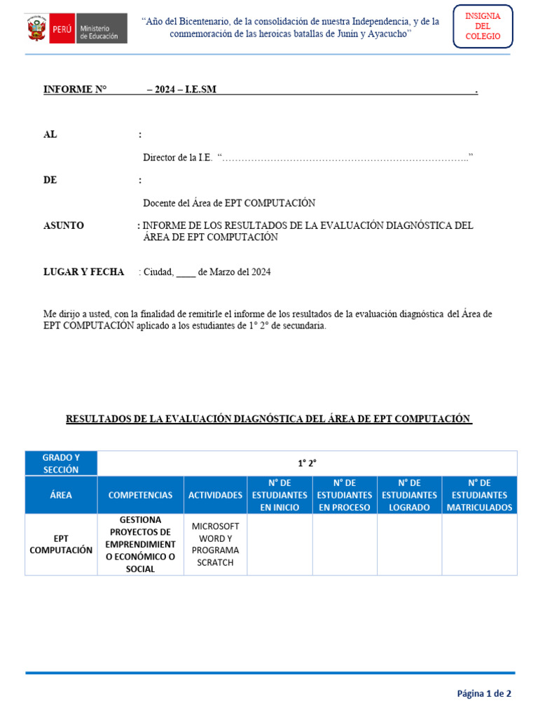 Ept Computación 1° 2° - Informe de Resultados de La Evaluación Diagnóstica | PDF | Evaluación