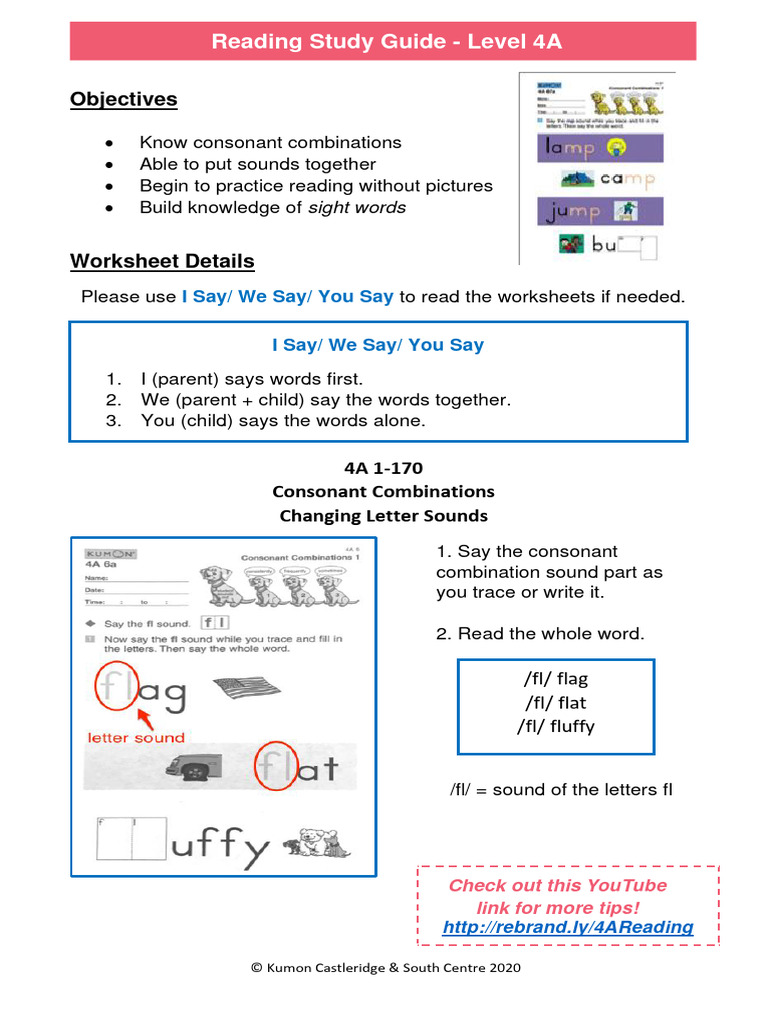 Kumon Level 4A Reading Guide | PDF | Consonant | Writing