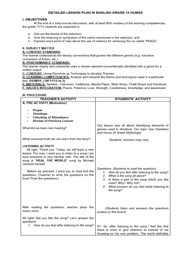Grade 12 English Lesson Plan on Peace | PDF