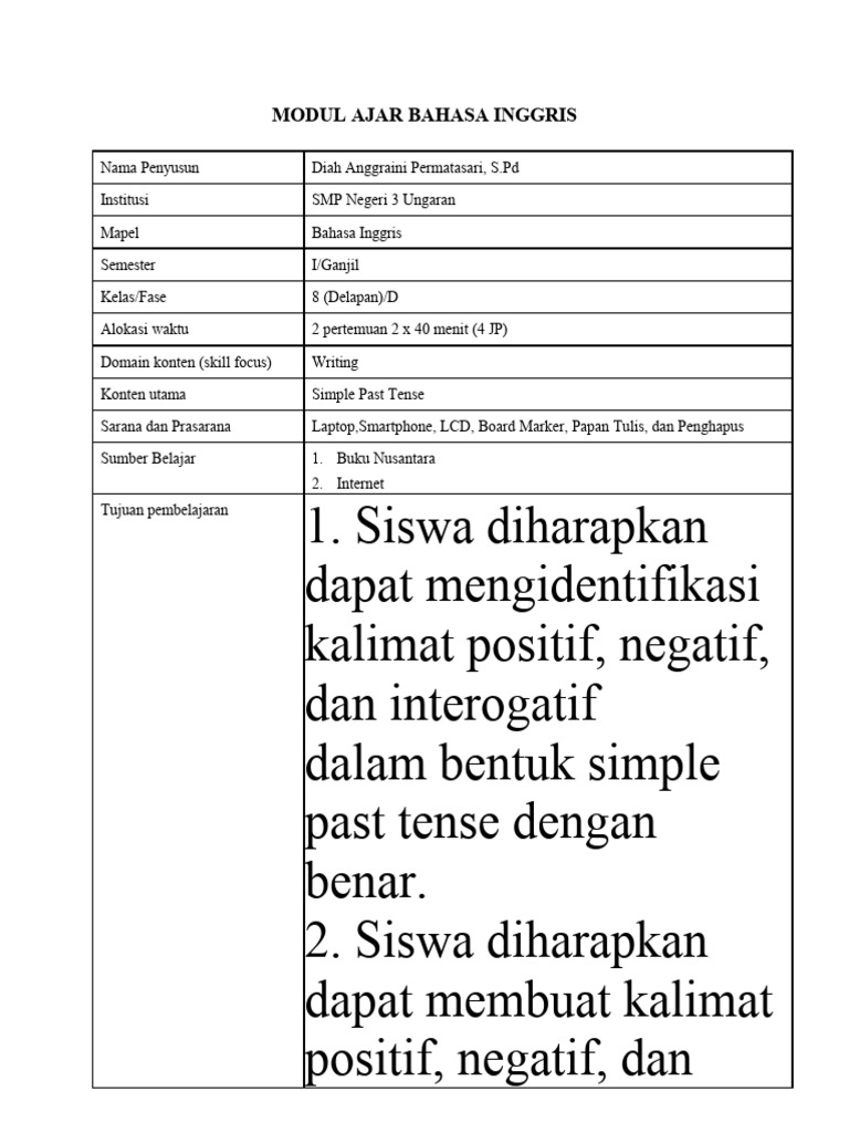 Modul Ajar Simple Past Tense | PDF