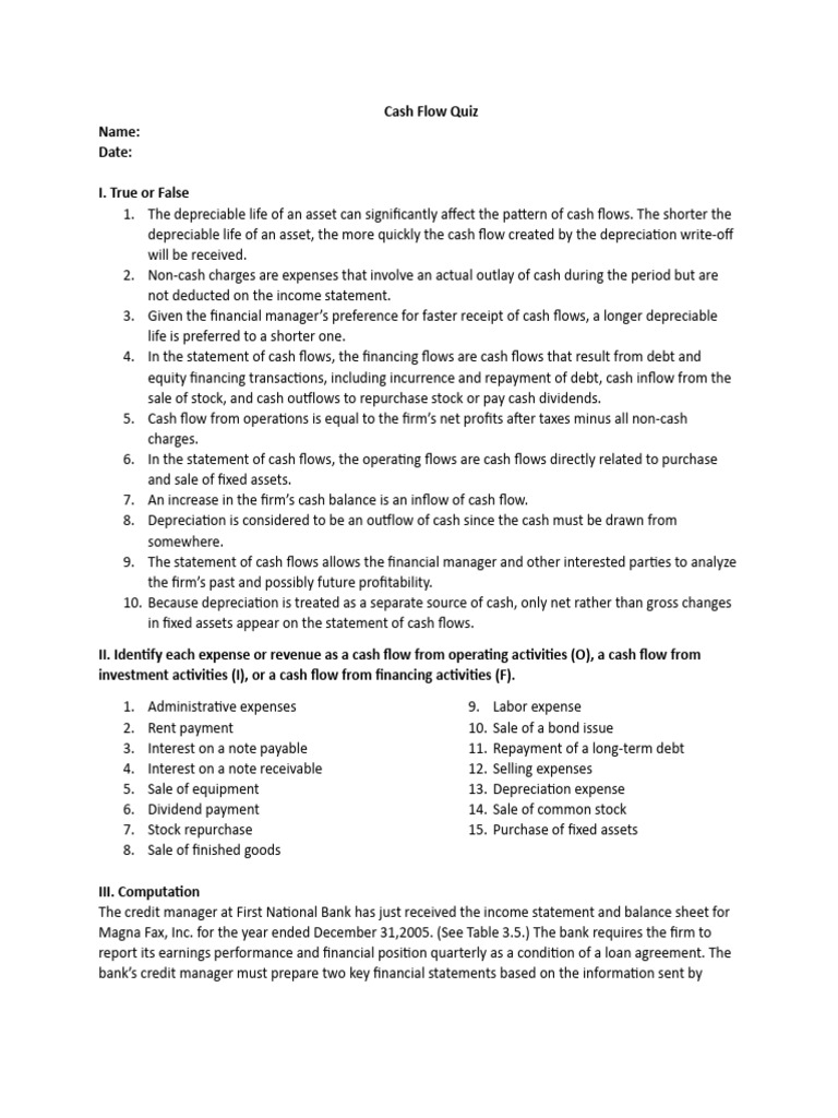 Cash Flow Quiz | PDF | Cash Flow Statement | Expense