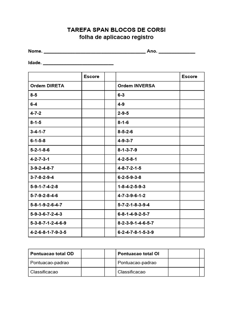 Tarefa Span Blocos de Corsi | PDF
